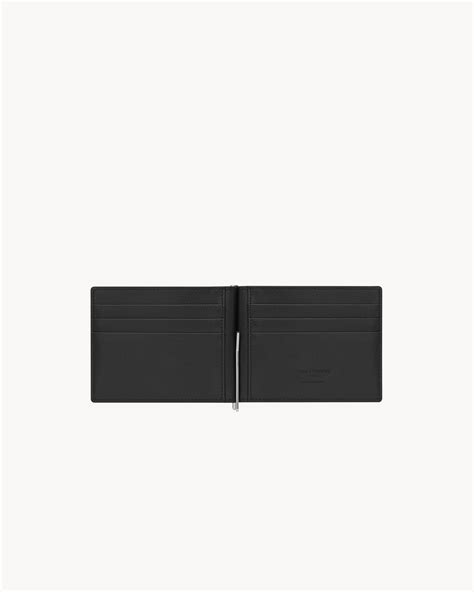 블랙 그랑 드 뿌드르 텍스처드 가죽 소재의 클래식 생 로랑 지폐 클립 지갑 Saint Laurent