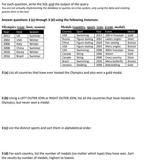 Solved For Each Question Write The Sql And The Output Of