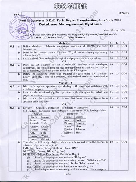 Vtu Question Paper Of Bcs403 Database Management Systems Jun July 2024 Pdf