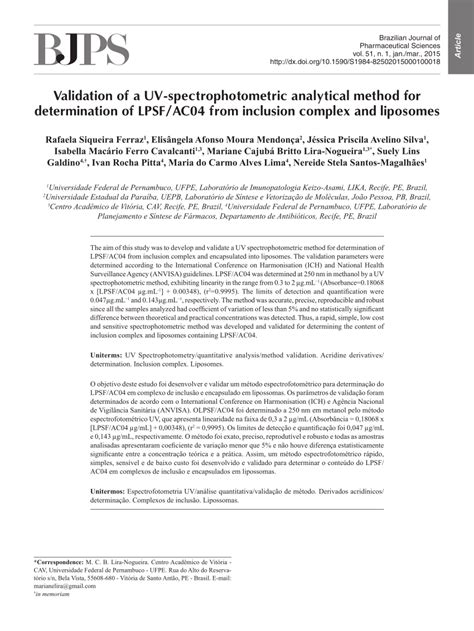 Pdf Validation Of A Uv Spectrophotometric Analytical Method For Determination Of Lpsf Ac04