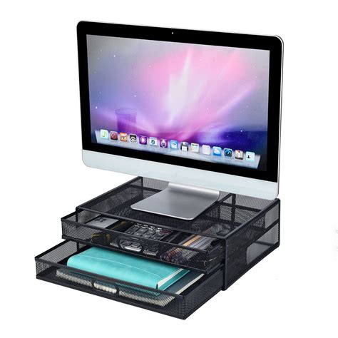 Buy Monitor Stand Riser With Drawer Metal Mesh Desk Organizer With Dual Pull Out Storage