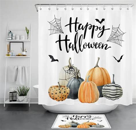 Spooky Halloween Shower Curtain Set Spider Webs Bats And Pumpkins