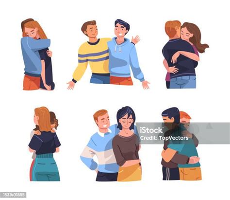 친절한 느낌 벡터 세트를 표현하는 서로 포옹하고 포옹하는 사람들 캐릭터 2명에 대한 스톡 벡터 아트 및 기타 이미지 2명
