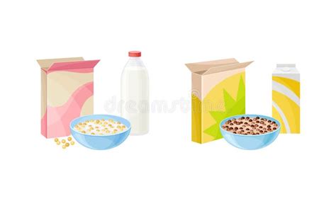 Breakfast Crunchy Cereal Poured In Bowl With Milk Or Yogurt In Bottle Vector Set Stock Vector