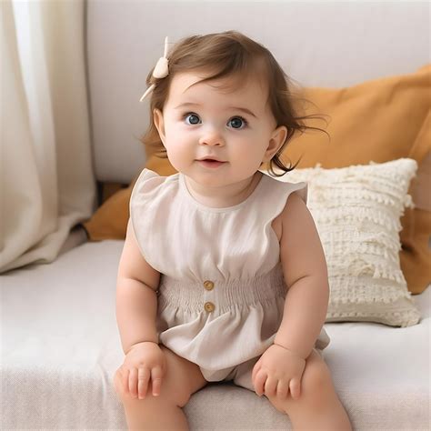 Una Niña Se Sienta En Un Sofá Con Una Almohada Detrás De Ella Foto