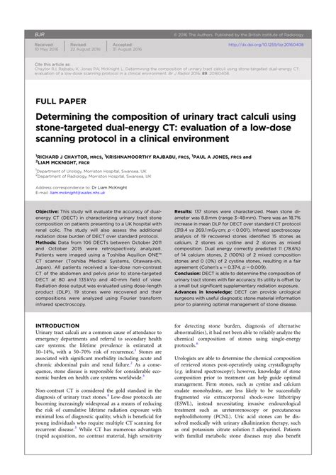 Pdf Determining The Composition Of Urinary Tract Calculi Using Stone Targeted Dual Energy Ct