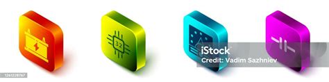 Isometric 자동차 배터리 마이크로 회로 Cpu 암페어 미터 멀티 미터 볼트미터 및 전기 회로 구성 표식 아이콘프로세서를