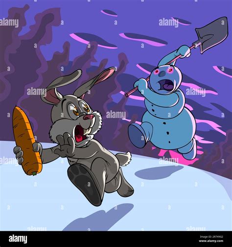 Snowman Is Trying To Catch A Hare Who Stole His Carrot Stock Vector Image Art Alamy