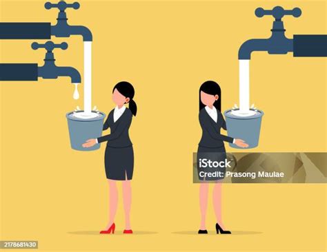 비즈니스 간의 대비 서로 다른 수입을 관리하는 데 물통을 가진 두 명의 사업가 재무 계획 개념 2명에 대한 스톡 벡터 아트 및 기타 이미지 Istock