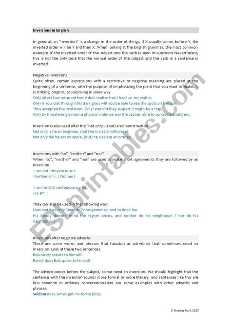 Inversions Esl Worksheet By Cristinahuertas