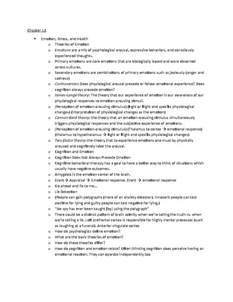 Psych Lecture Notes Chapter 12 Chapter 12 Emotion Stress And Health