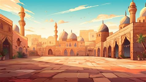 Una Pintura Digital De Una Mezquita Con Un Cielo Azul Y Una Mezquita En