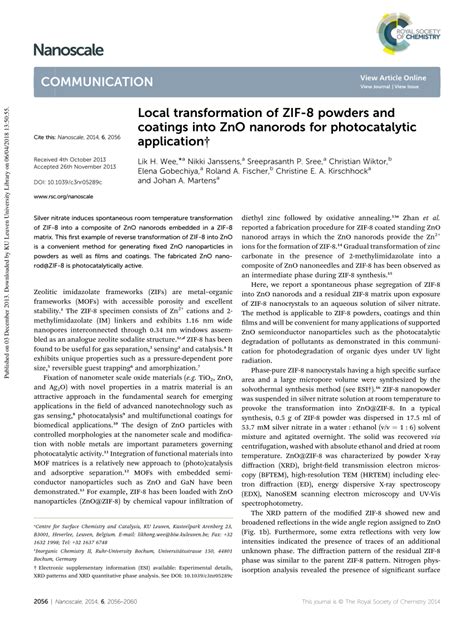 Pdf Local Transformation Of Zif 8 Powders And Coatings Into Zno Nanorods For Photocatalytic
