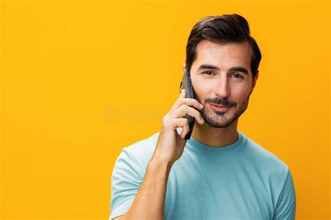 Man Copy Smiling Phone Phone Communication Smartphone Studio Yellow