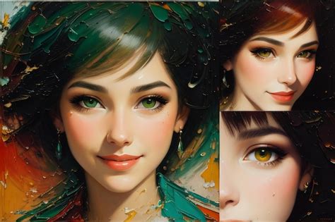A Painting Of A Girl With Green Eyes And A Green Hair Premium Ai