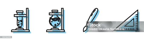 세트 라인 페인트 브러시 유리 테스트 튜브 플라스크 화재 유리 테스트 튜브 플라스크 에 화재 및 삼각형 눈금자 아이콘 벡터