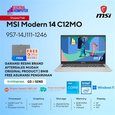 Jual Msi Modern 14 C12mo I3 1215u 8gb 256gb 14 Fhd Ips Backit W11