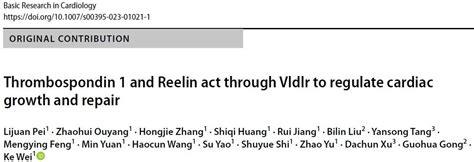 Basic Res Cardiol 同济大学魏珂团队发现tsp 1和reelin通过vldlr调控心脏的生长和修复 Medsci Cn