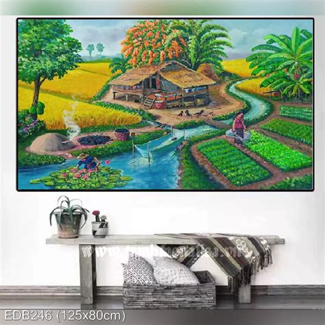 Tranh Thêu Chữ Thập Một Túp Lều Tranh Hai Trái Tim Vàng Phong Cảnh