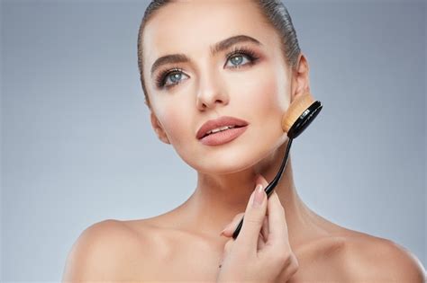 Premium Photo Attractive Model With Brown Hair Fixed Behind Clean Fresh Skin Big Eyes And