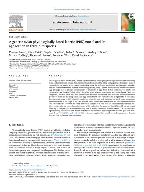 Pdf A Generic Avian Physiologically Based Kinetic Pbk Model And Its Application In Three