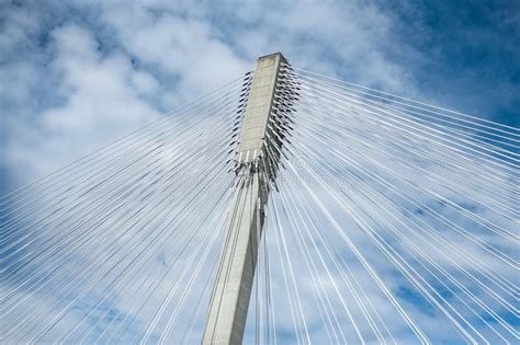 Modern Bridge Pylon Against Blue Sky Multi Span Cable Stayed Bridge
