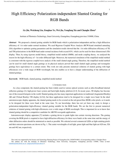 PDF High Efficiency Polarization Independent Slanted Grating For RGB Bands