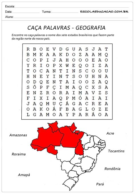 Caça Palavras De Geografia Estados Brasileiros