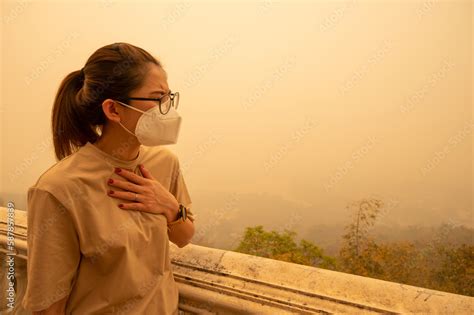 Asian Woman Having Respiratory Allergy Caused Of By Bad Air Pollution