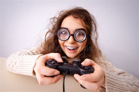 The Funny Nerd Girl Working On Computer Stock Photo Image Of Comic Gaming 150659596