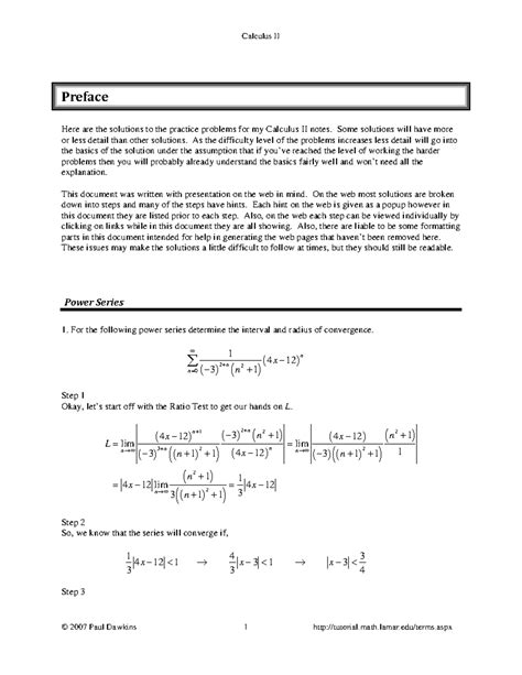 Calc II Power Series Solutions Preface Here Are The Solutions To The Practice Problems For My