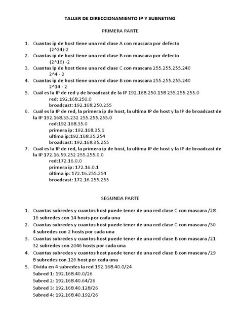 Segundo Taller De Subneting Subneting Sin Vlsm 2023 1 Pdf Dirección