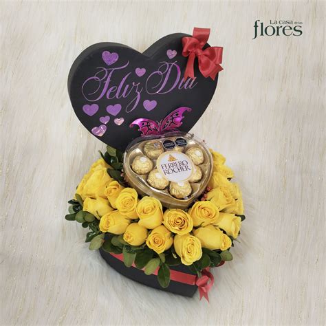 Caja De Corazón Con Rosa Amarilla Y Ferrera Rocher En Caja La Casa De