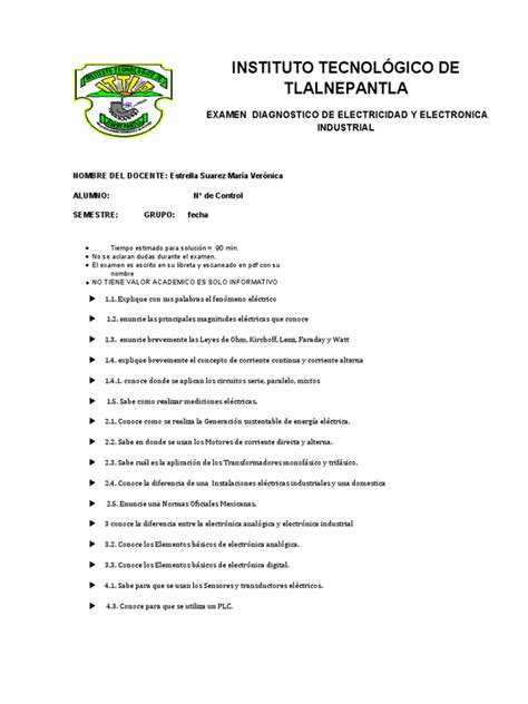 Examen Diagnostico De Elect Y Electronica Industrial Pdf