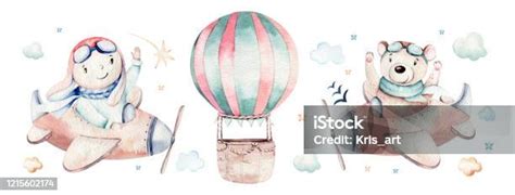 수채화 풍선 세트 아기 만화 귀여운 파일럿 항공 일러스트 레이션 기린과 코끼리 코알라 곰과 새 구름과 하늘 수송 풍선 유치한