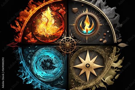 Four Elements Compass Generative Ai Colorful Magical Fantasy Compass