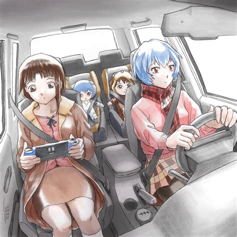 Safebooru 4girls Ayanami Rei Blue Hair Brown Eyes Brown Hair Car Interior Character Doll