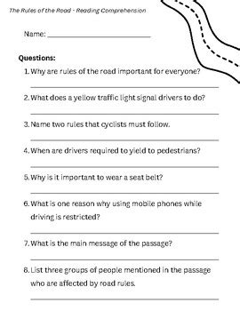 The Rules Of The Road Reading Comprehension Worksheet Driver Safety