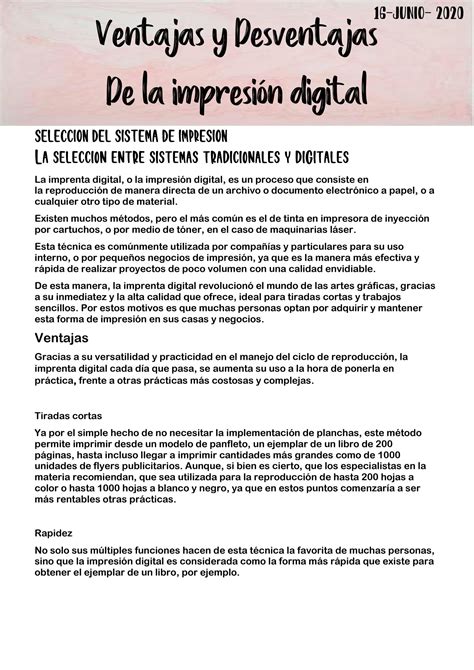 SOLUTION Ventajas Y Desventajas De Impresi N Digital Studypool