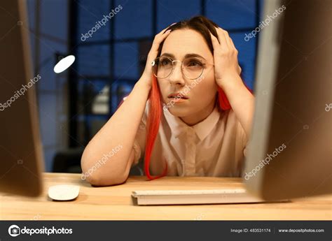 Stressed Female Programmer Working Computer Office Night Stock Photo By