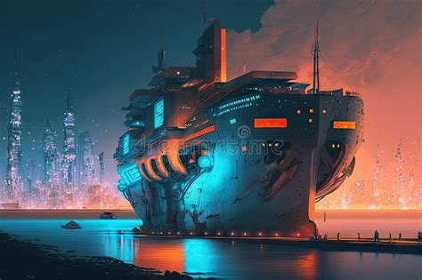Autonomous Cargo Ship Is Docked At Futuristic Megacity With Vibrant Nightlife And Commerce