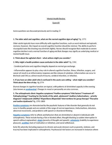 MH Exam Review Mental Health Review Exam Some Questions We Discussed Previously And In
