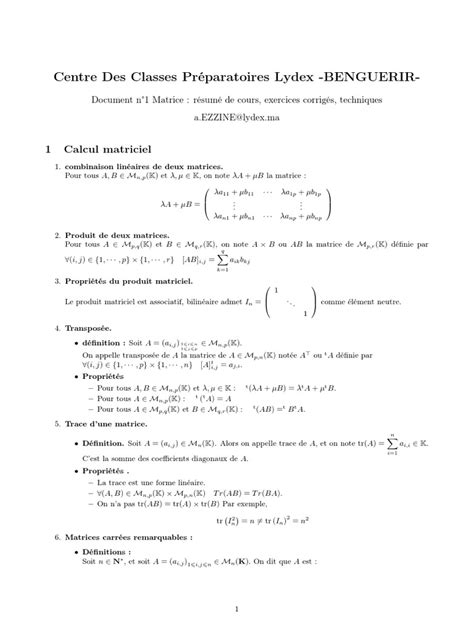 Fiche Calcul Matriciel 1 Pdf