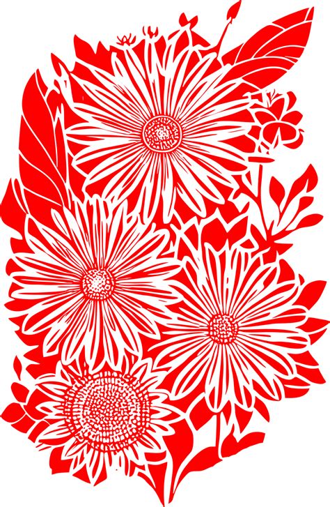Red Outline Drawing Bouquet Of Flowers Without Background Isolated