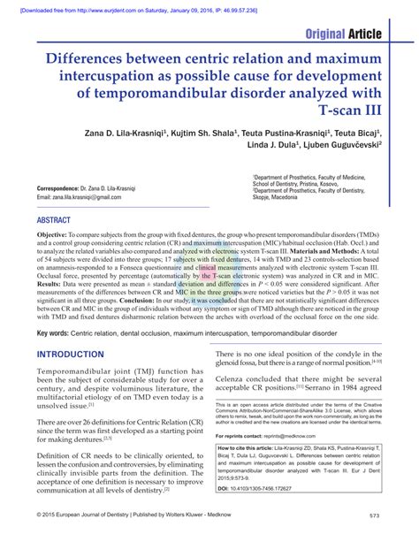 Pdf Differences Between Centric Relation And Maximum Intercuspation As Possible Cause For