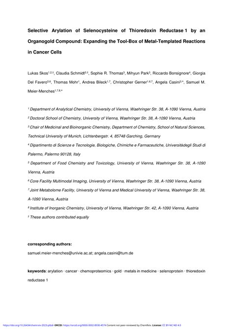 Pdf Selective Arylation Of Selenocysteine Of Thioredoxin Reductase 1 By An Organogold Compound