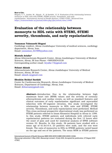 Pdf Evaluation Of The Relationship Between Monocyte To Hdl Ratio With