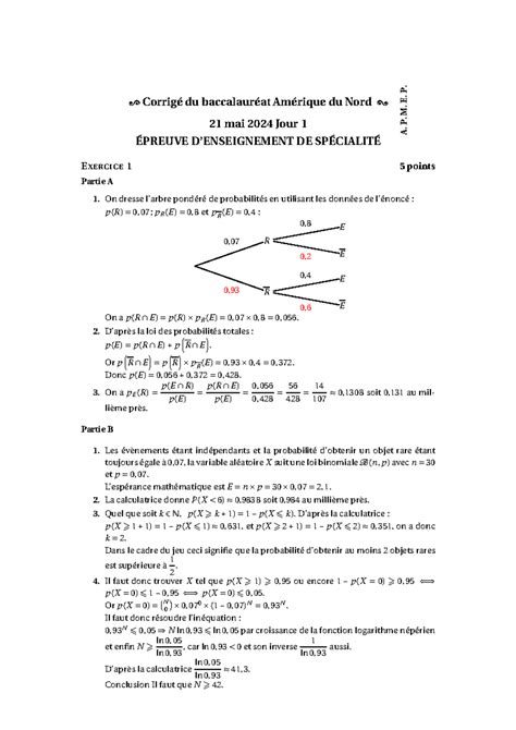Corrigé Bac blanc A P M E P Corrigé du baccalauréat Amérique du Nord