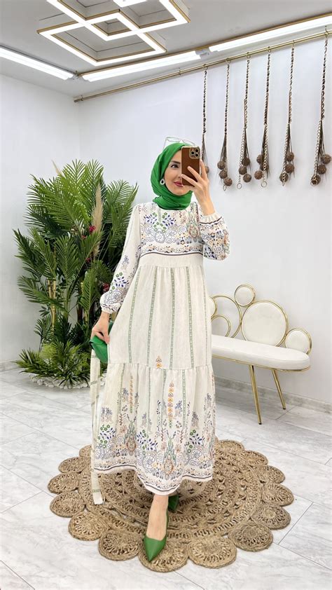 Yeşil Sinem Keten Elbise Tesettür Giyim Modelleri En Uygun Fiyatlarla