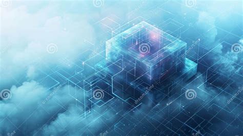 Abstract Digital Cube Floating In The Clouds Representing Data Storage Or Cloud Computing Stock